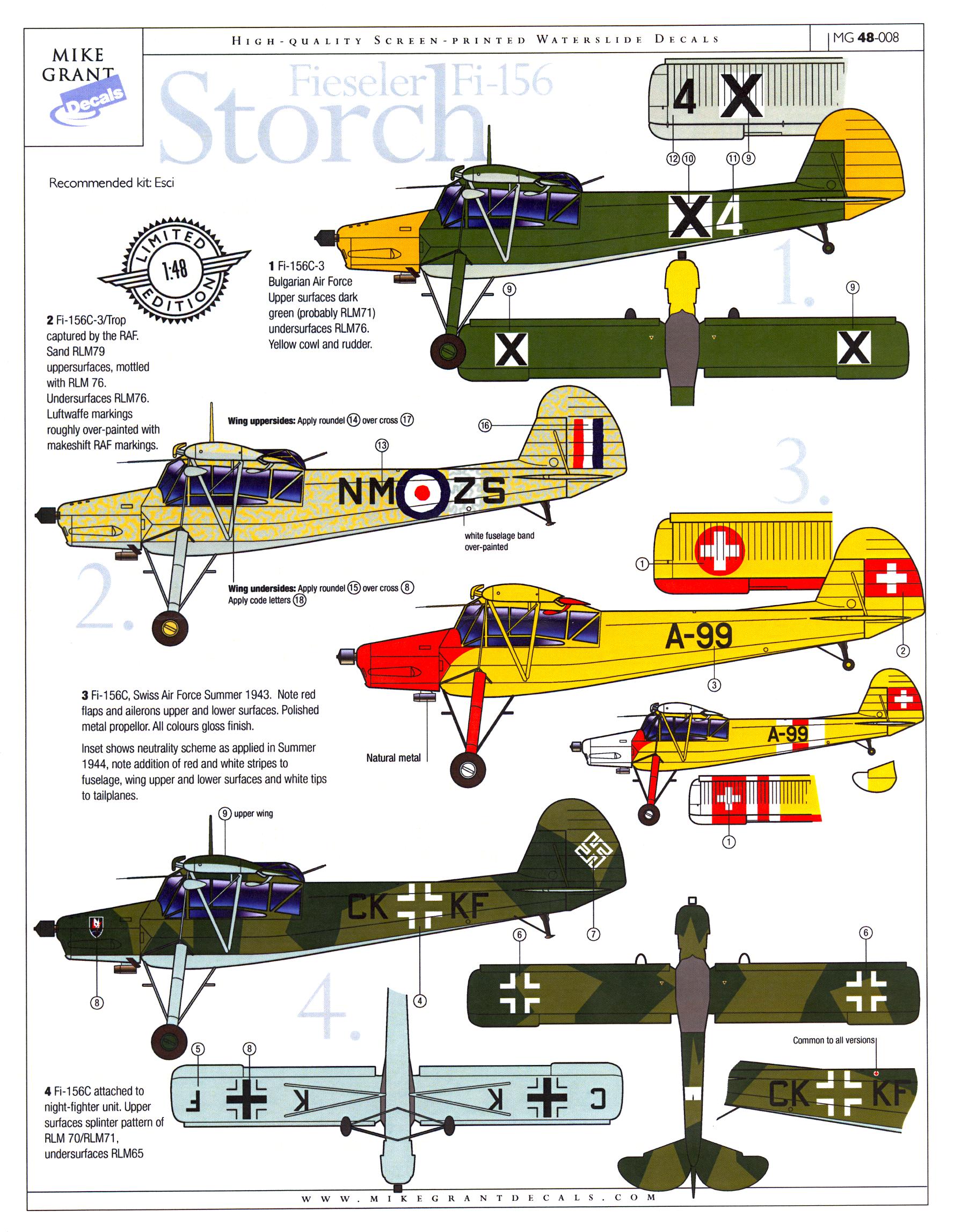Mike Grant Decals 1/48 FIESELER Fi-156 STORCH German WWII Liaison Plane ...