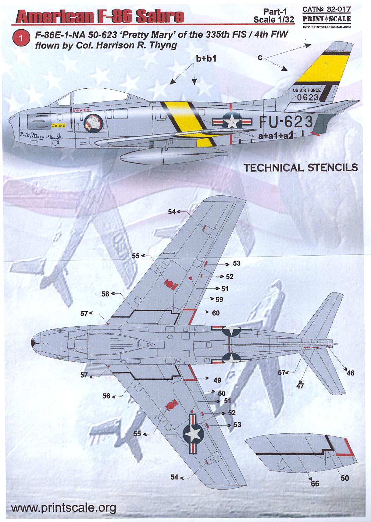 Print Scale Decals 1/32 NORTH AMERICAN F-86 SABRE Jet with STENCILS ...