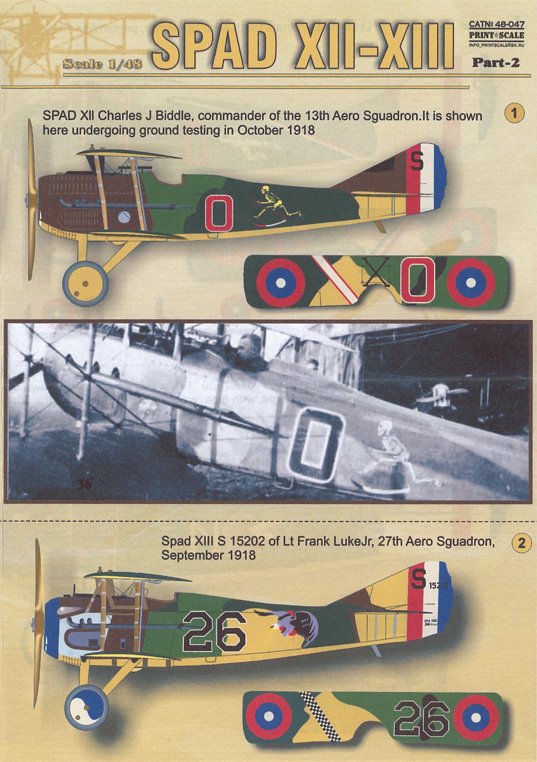Print Scale Decals 1/48 SPAD XII & SPAD XIII American WWI Fighters