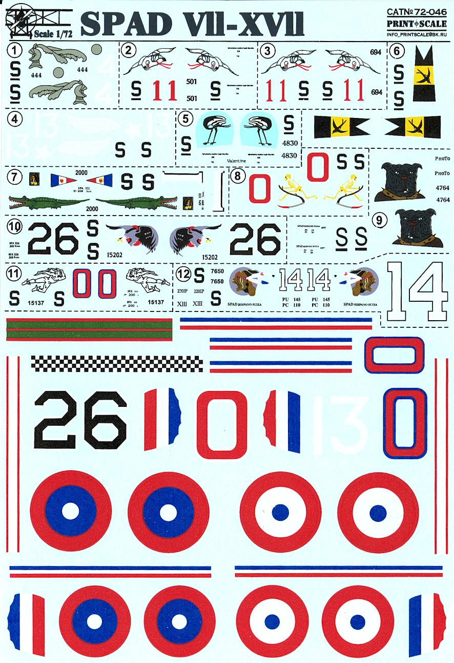 Print Scale Decals 1/72 SPAD VII to SPAD XVII French & American WWI ...