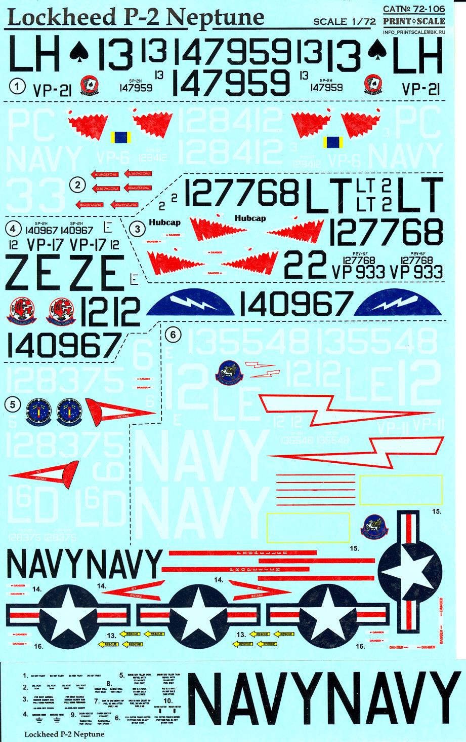 Print Scale Decals 1/72 LOCKHEED P-2 NEPTUNE Navy ASW Patrol Aircraft ...