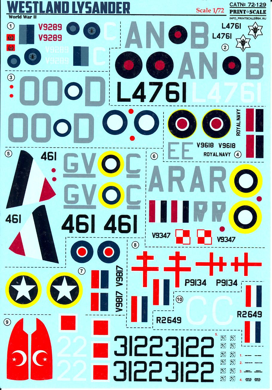 Print Scale Decals 1/72 WESTLAND LYSANDER British WWII Reconnaissance ...